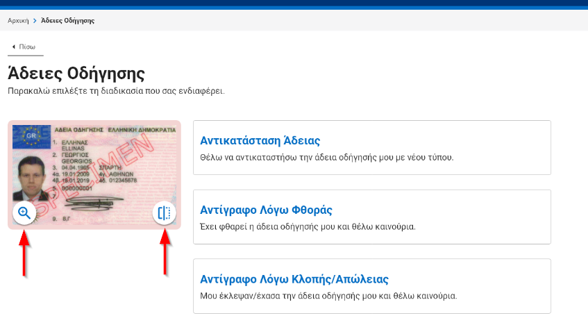 Γ. Αίτηση για αντικατάσταση άδειας οδήγησης: Επιλογή Υπηρεσίας